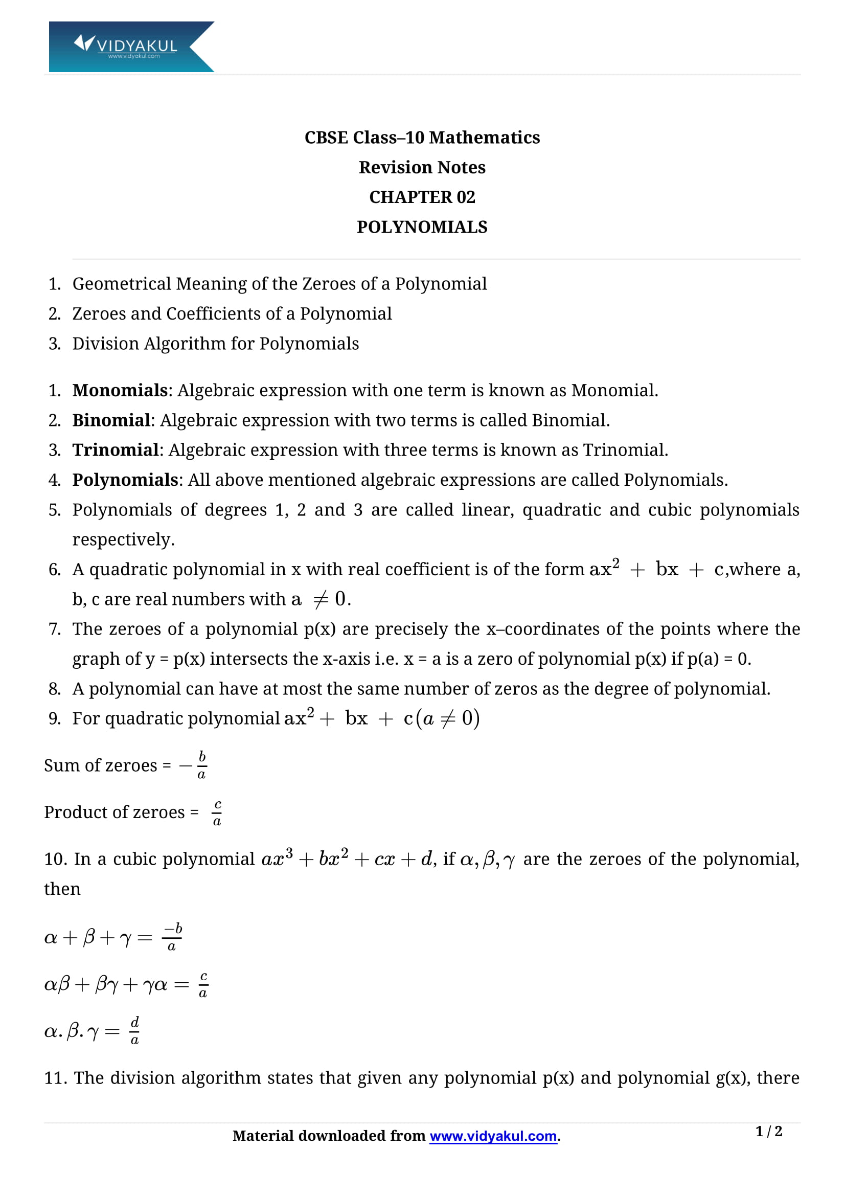 Class 10th Math Polynomials NCERT Notes CBSE 2023 Class 10th Math Polynomials NCERT Notes CBSE 2023