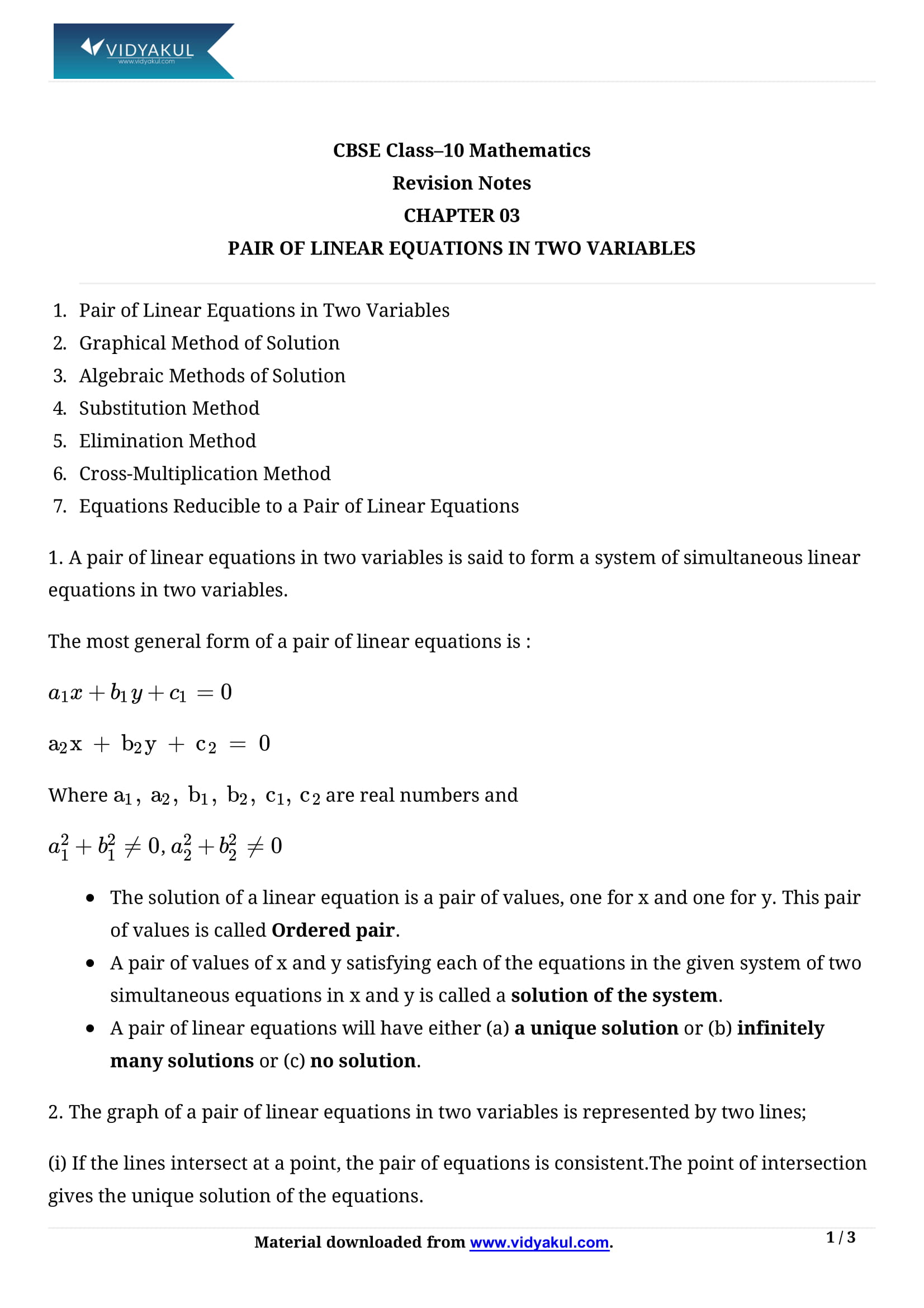 Class 10th Math Pair Of Liner Equations In Two Variables NCERT Notes Class 10th Math Pair Of Liner Equations In Two Variables NCERT Notes