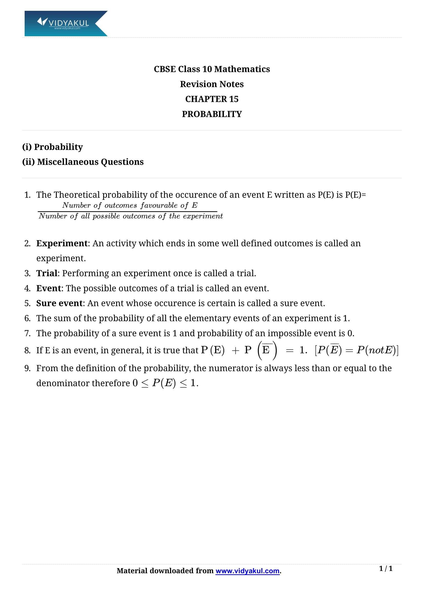 Class 10th Math Probability NCERT Notes CBSE 2023 Class 10th Math Probability NCERT Notes CBSE 2023