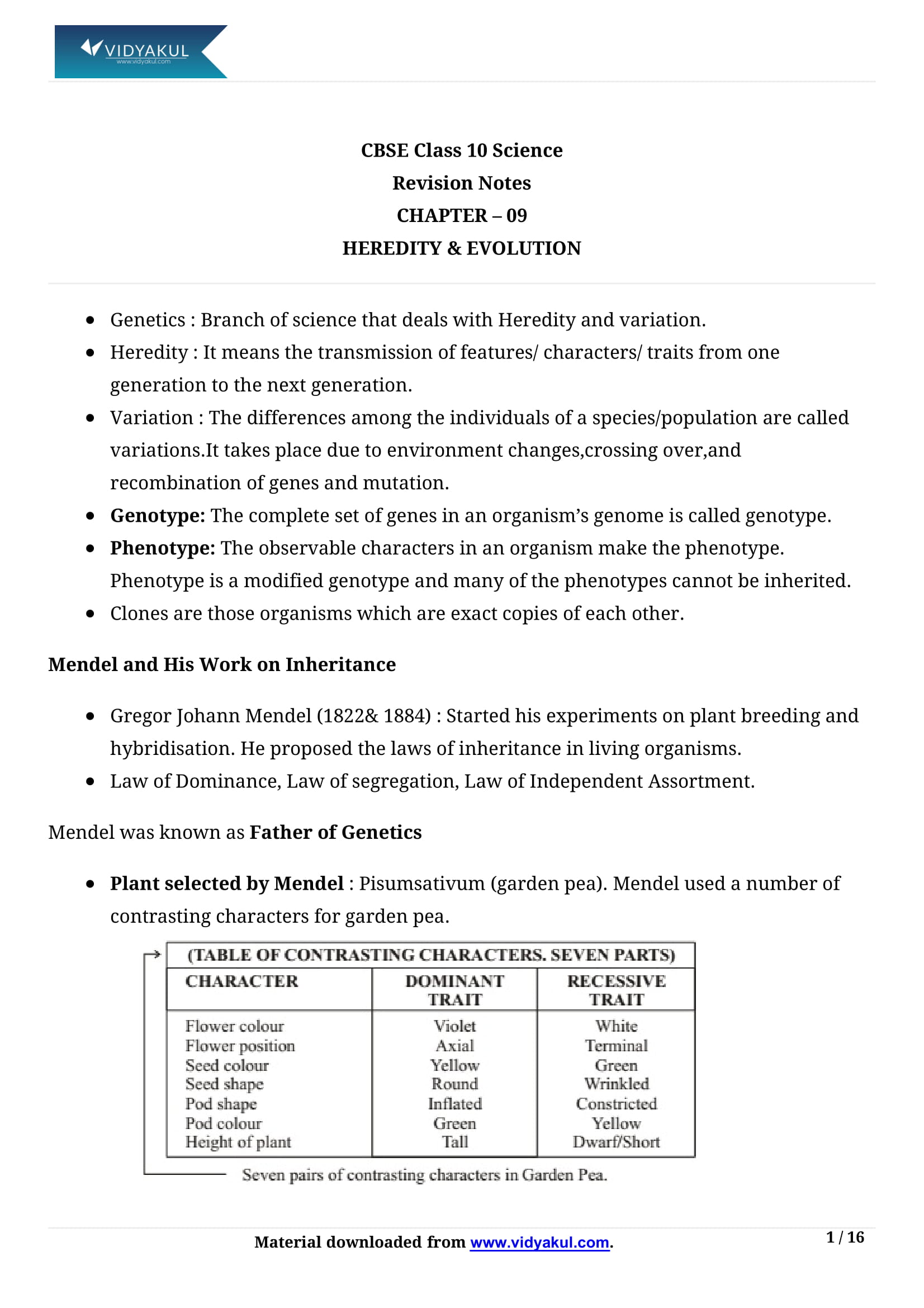 Class 10th Science Heredity And Evolation NCERT Notes CBSE 2023
