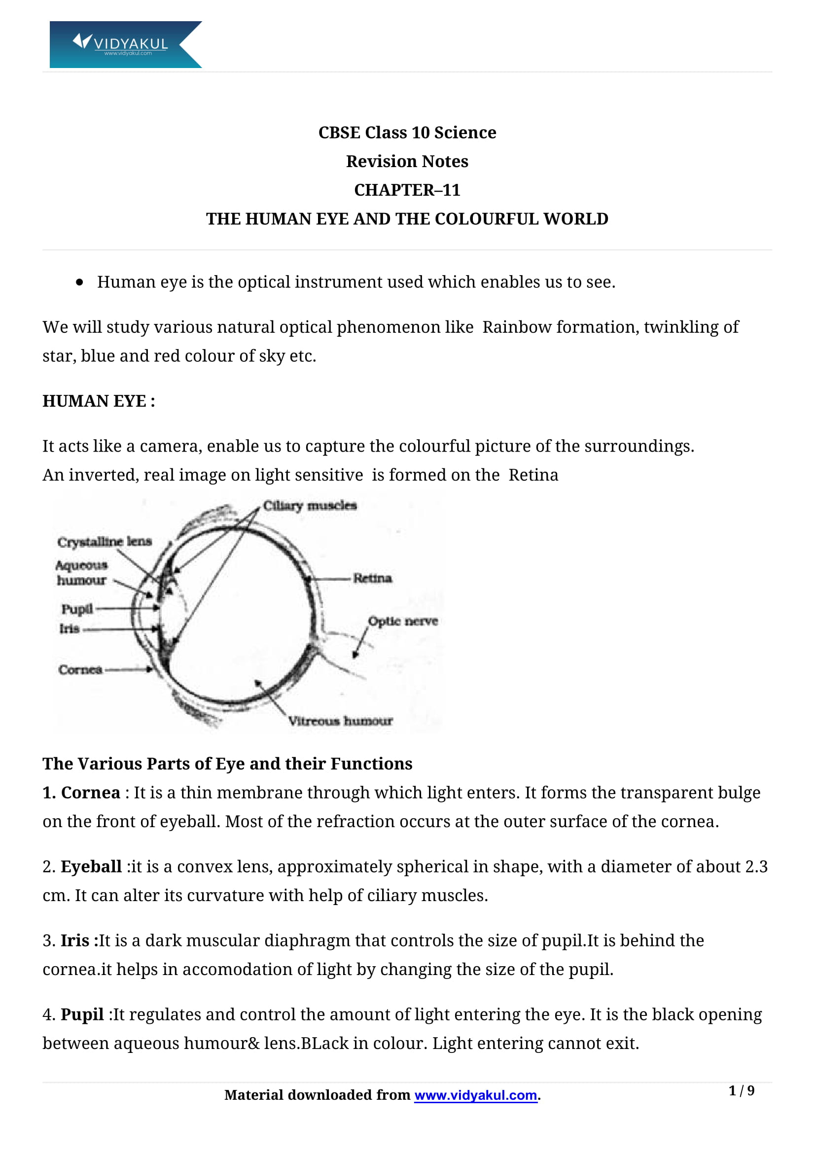 Class 10th Science Human Eye And Human World NCERT Notes CBSE 2023