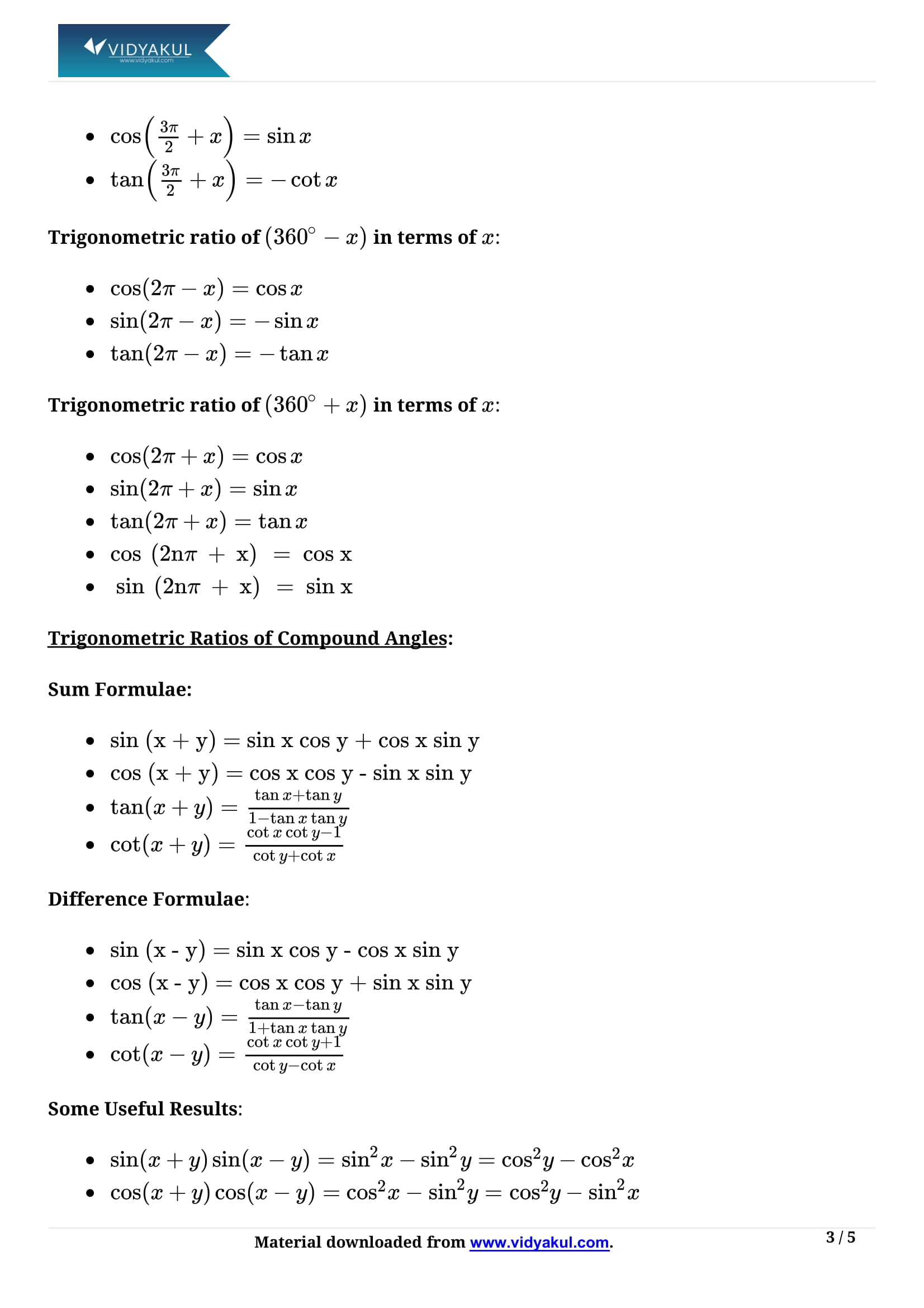 Class 11th Math Trigonometric Functions Formulas CBSE 2023