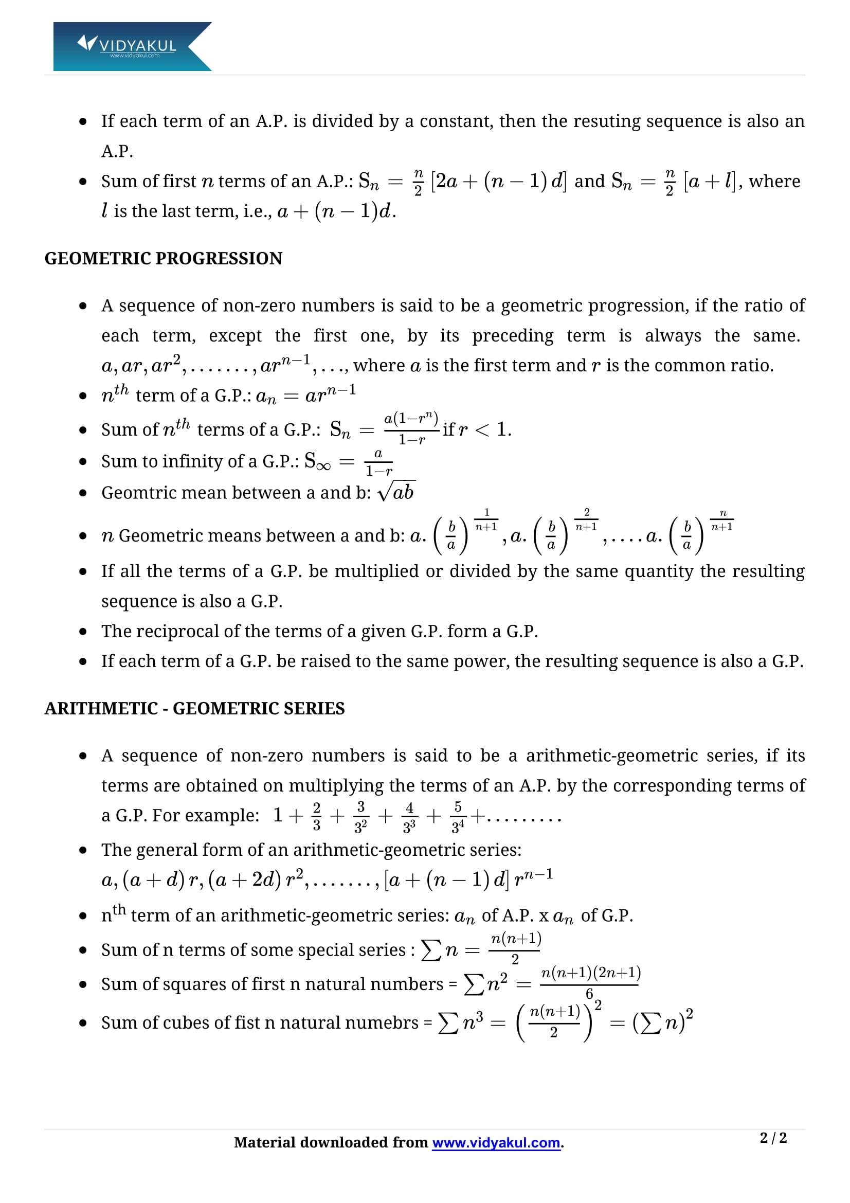 Sequence And Series Formula Sheet