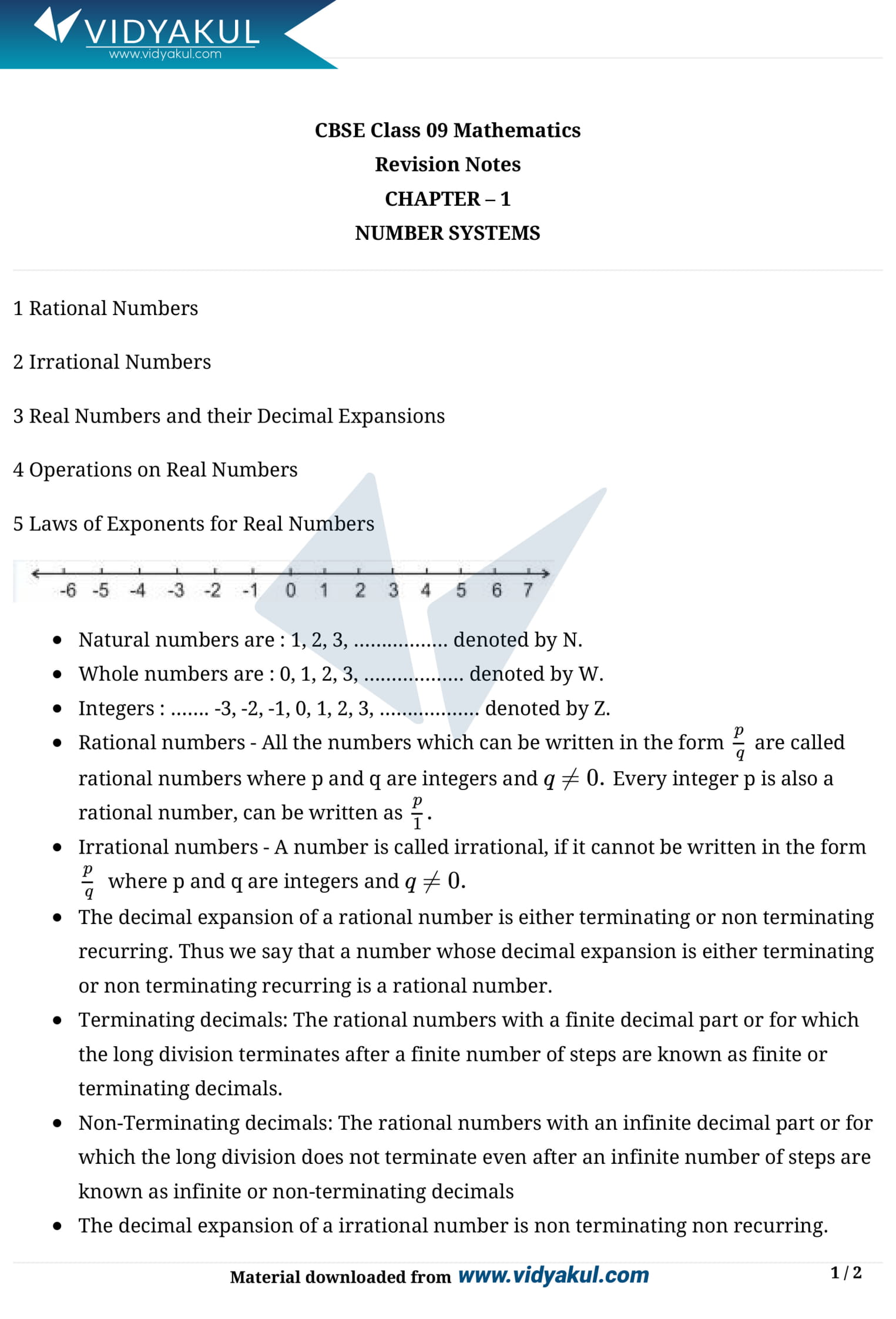 Class 9th Math Number Systems NCERT Notes CBSE 2023