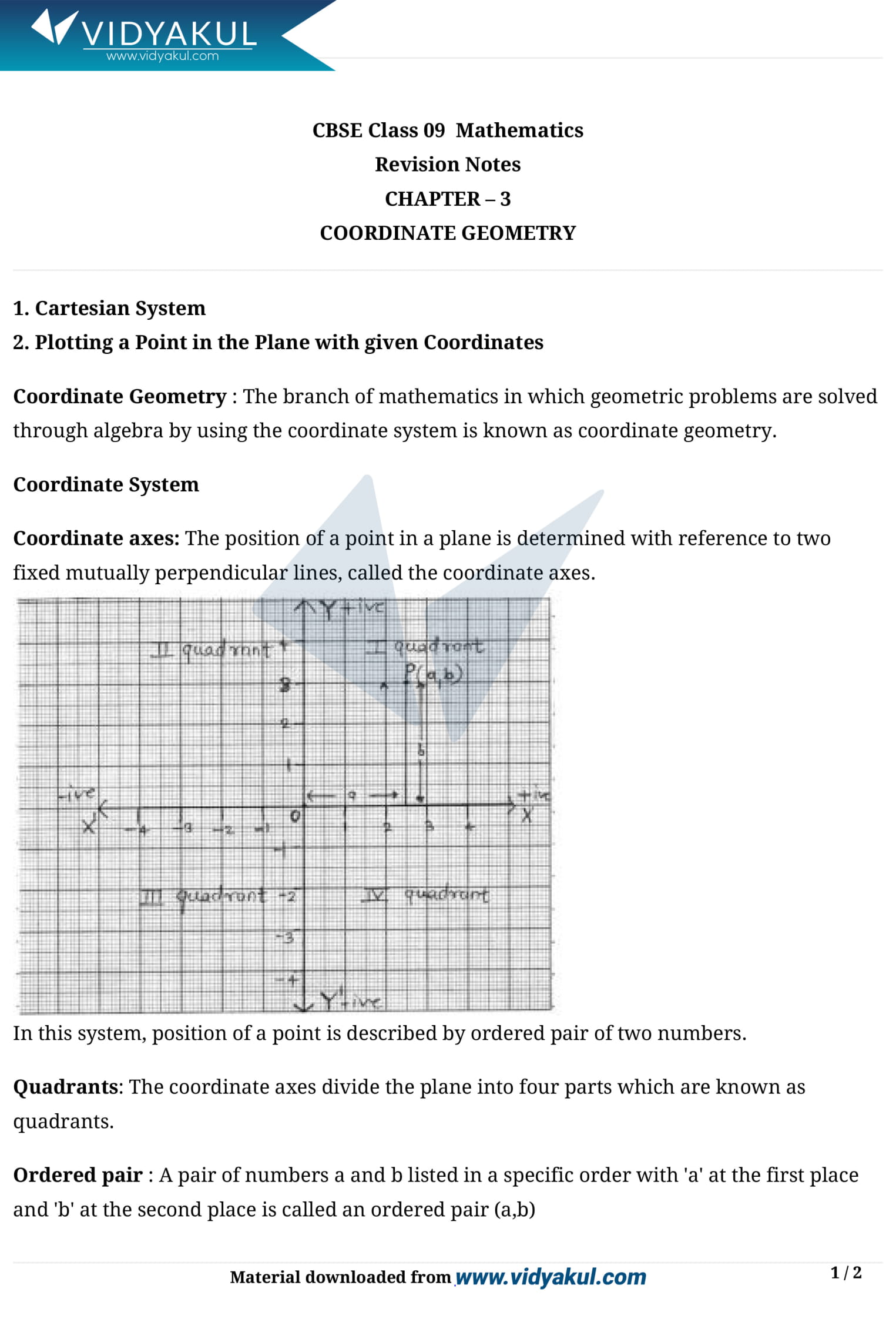 Class 9th Math Coordinate Geometry NCERT Notes CBSE 2023 Class 9th Math Coordinate Geometry NCERT Notes CBSE 2023