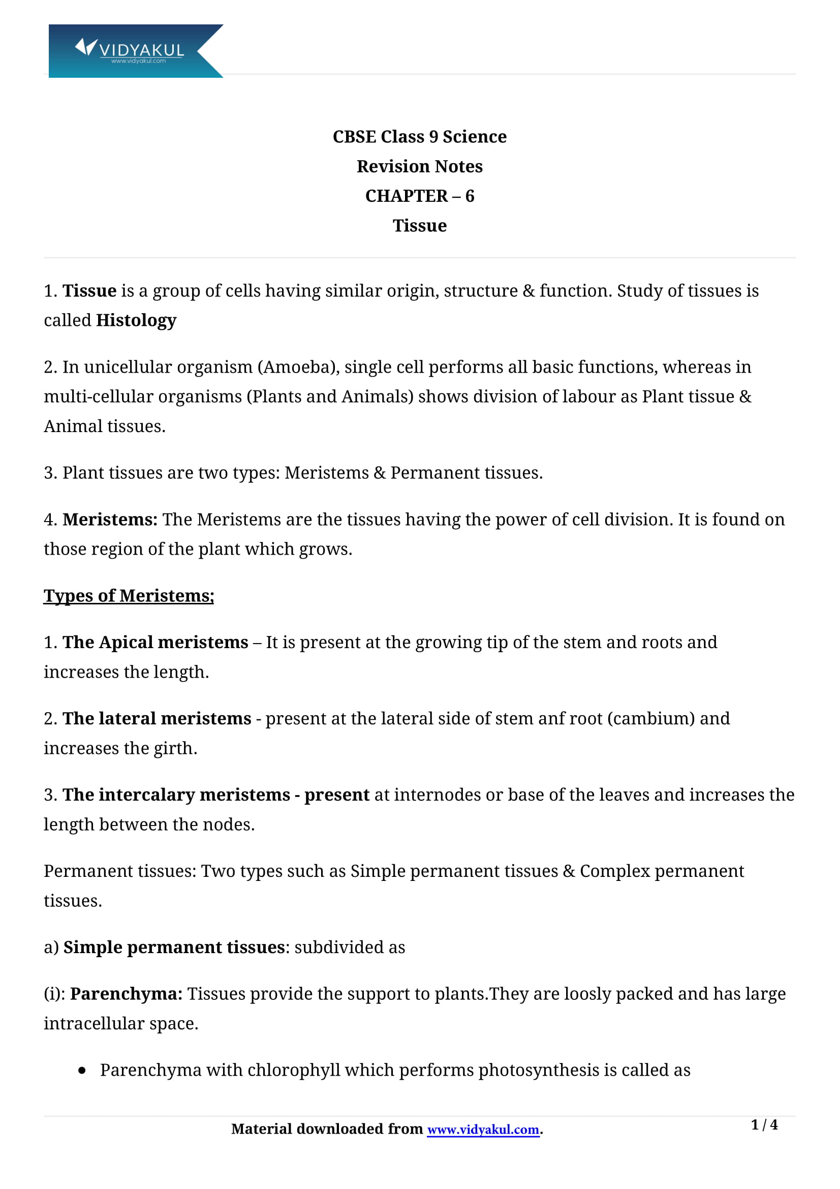 Class 9th Science Tissues NCERT Notes CBSE 2023 Class 9th Science Tissues NCERT Notes CBSE 2023