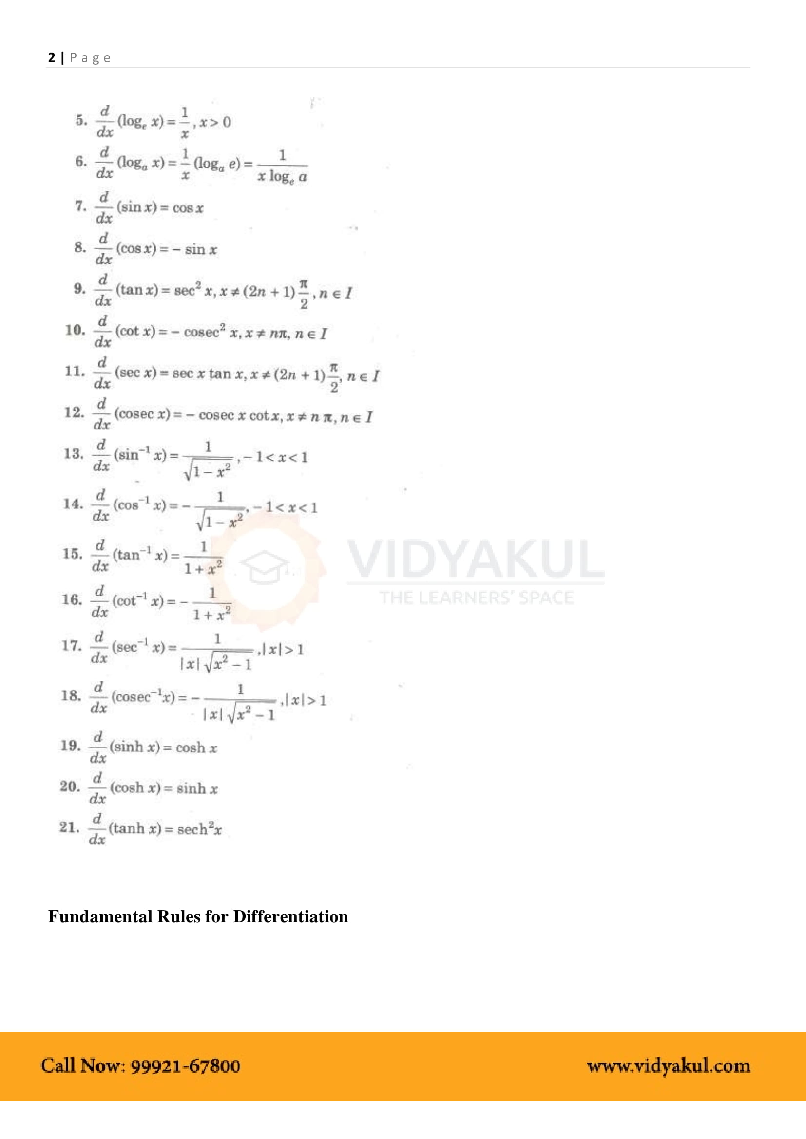 Class 12th Math Continuity And Differentiability Formulas CBSE 2023