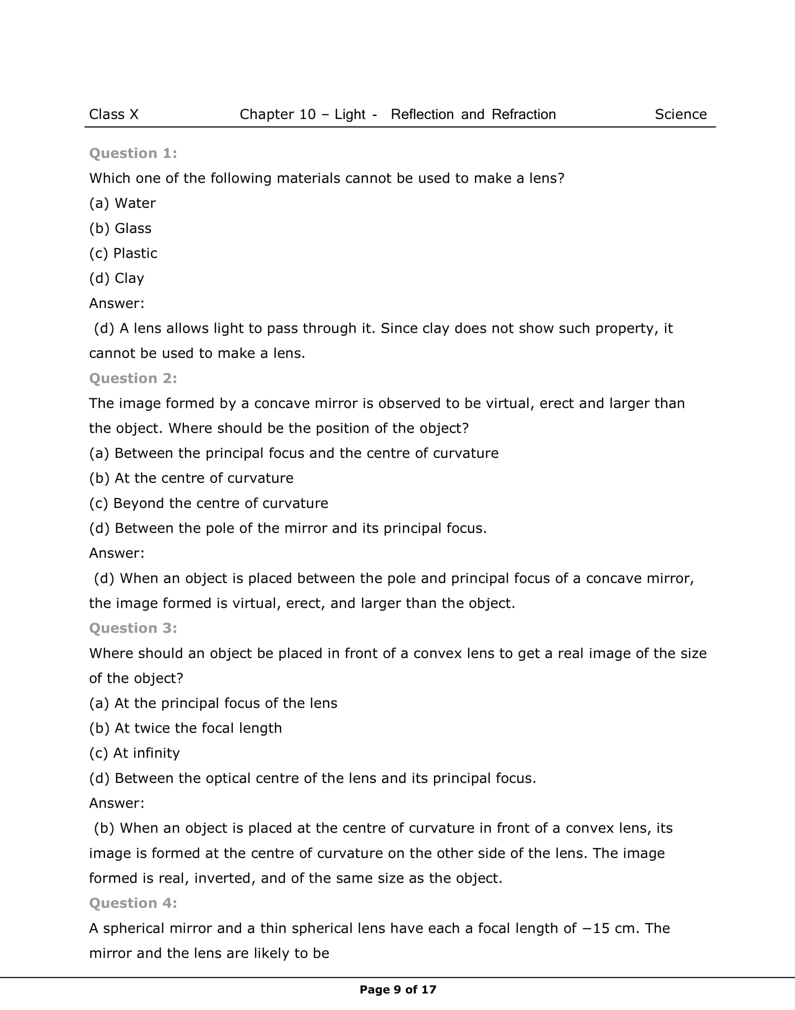 Class 10th Science Light Reflection And Refraction Ncert Solution Cbse 2023