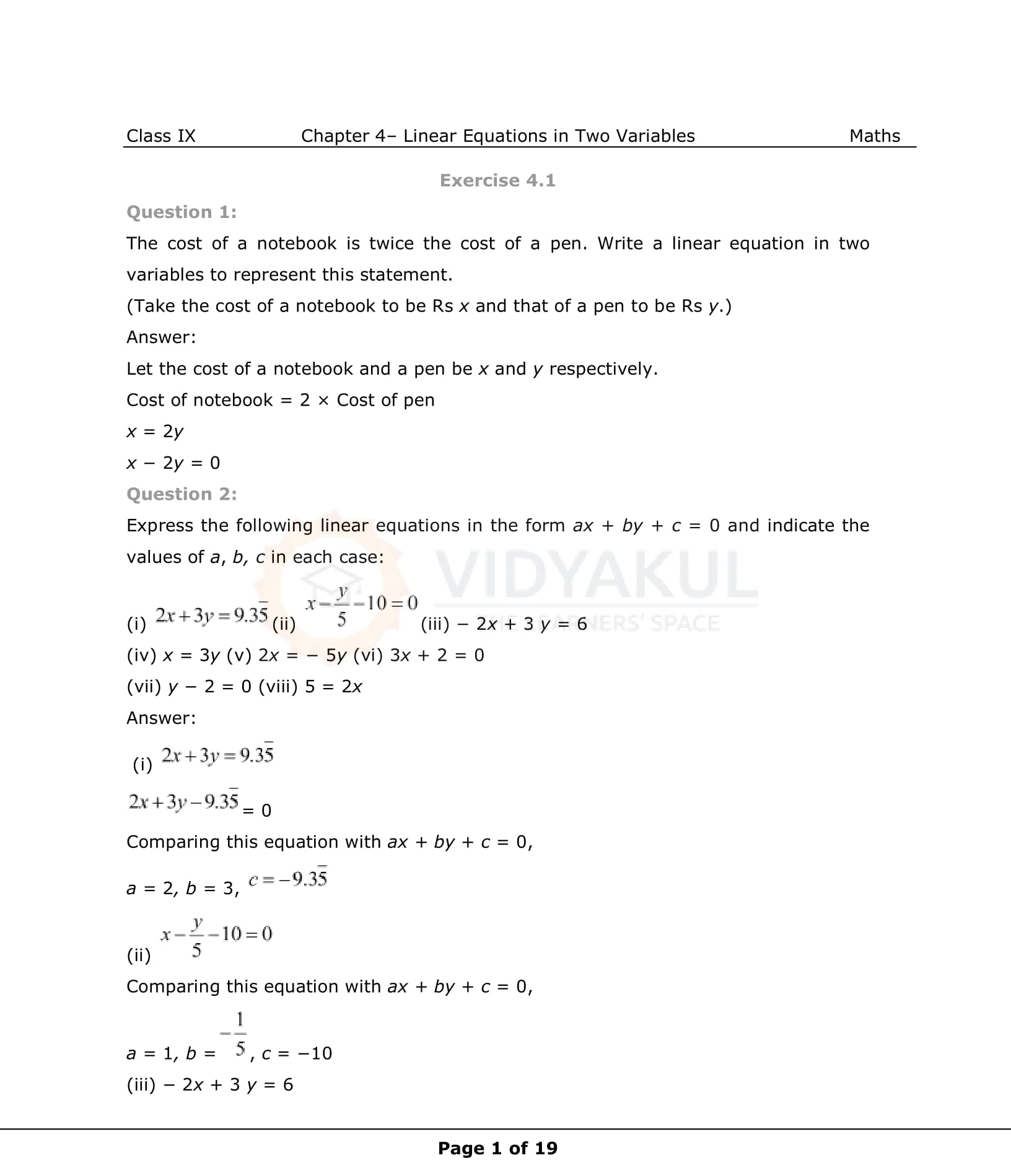 Class 9th Math Liner Equations Is Two Variables NCERT Solution CBSE 2023